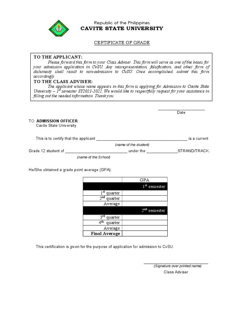 Cavite State University Grade Certificate | PDF
