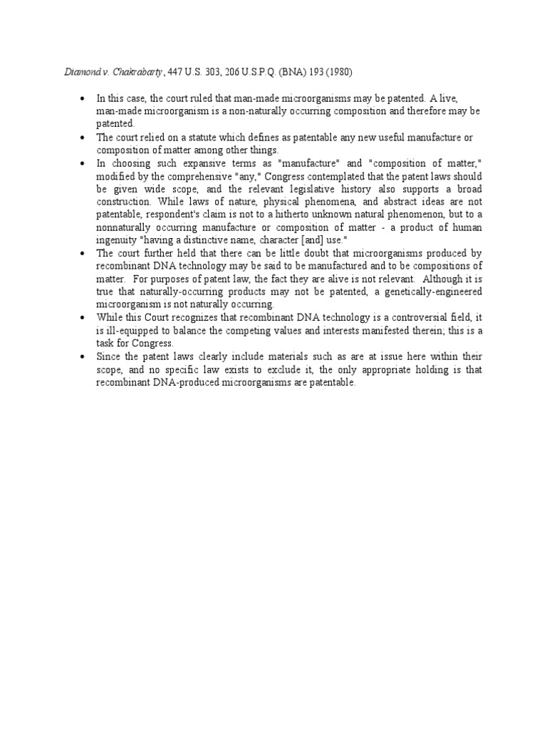 Diamond v. Chakrabarty, 447 U.S. 303, 206 U.S.P.Q. (BNA) 193 (1980) | PDF
