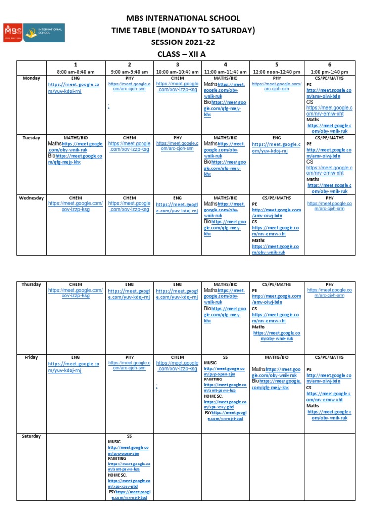 New Time Table Class Xii A | PDF | Mathematics | Academia