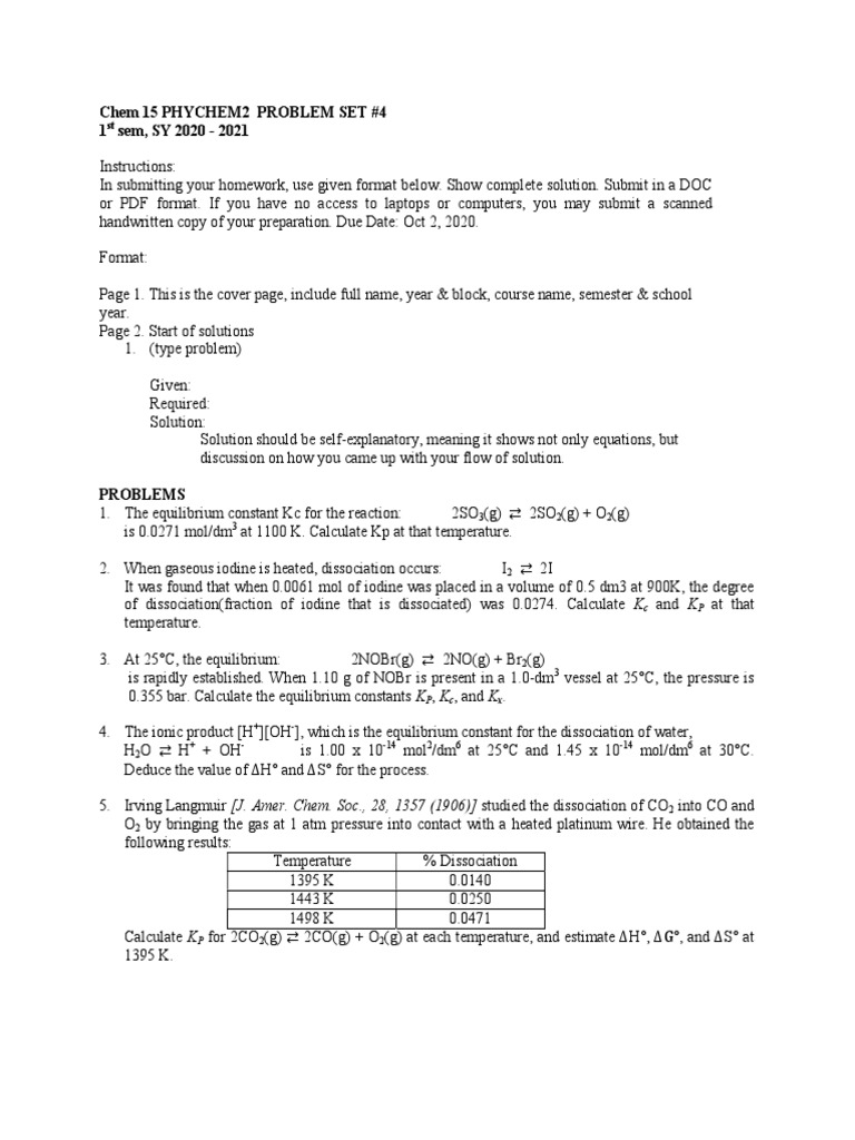 Chem 15 PHYCHEM2 Problem Set 4 Solutions | PDF
