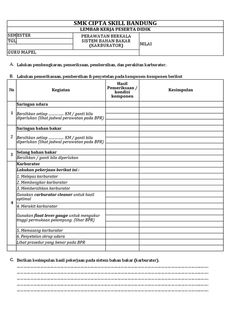 Jobsheet Sistem Bahan Bakar Karburator | PDF