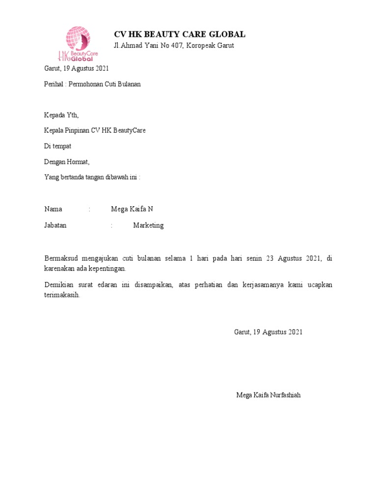 Permohonan Cuti Bulanan Karyawan CV HK Beauty Care Global | PDF