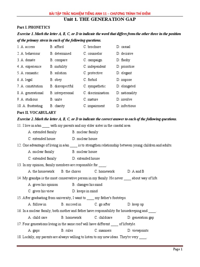 Unit 1 Generation Gap Bai Tap | PDF | Family | Divorce