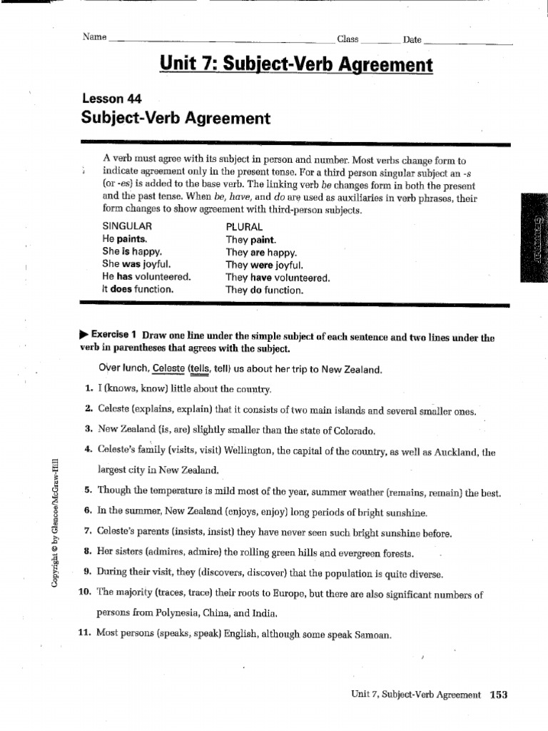 Workbook Unit 7 Subject Verb Agreement Pdf