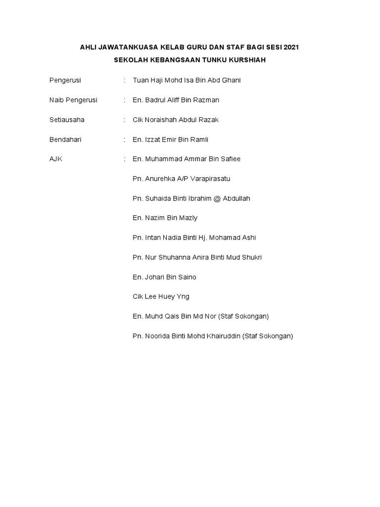 Ahli Jawatankuasa Kelab Guru Dan Staf Bagi Sesi 2021 | PDF
