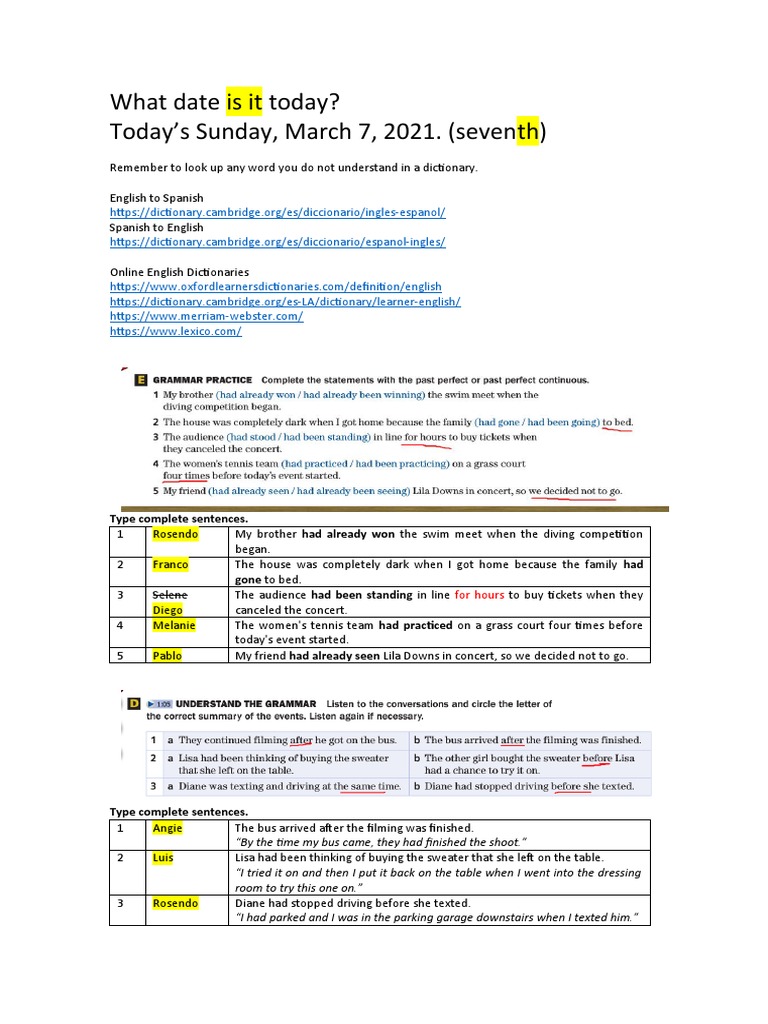Today's Date and English Practice | PDF