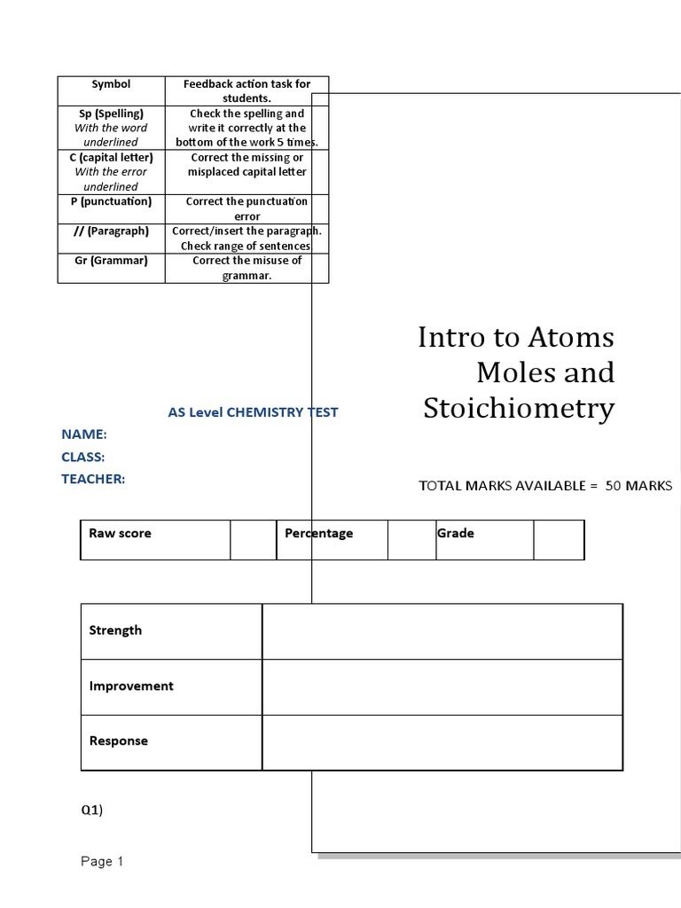 Intro To Atoms Moles and Stoichiometry: As Level Chemistry Test Name ...