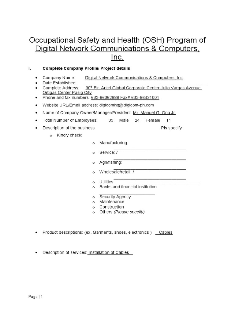 Occupational Safety and Health (OSH) Program of Digital Network ...