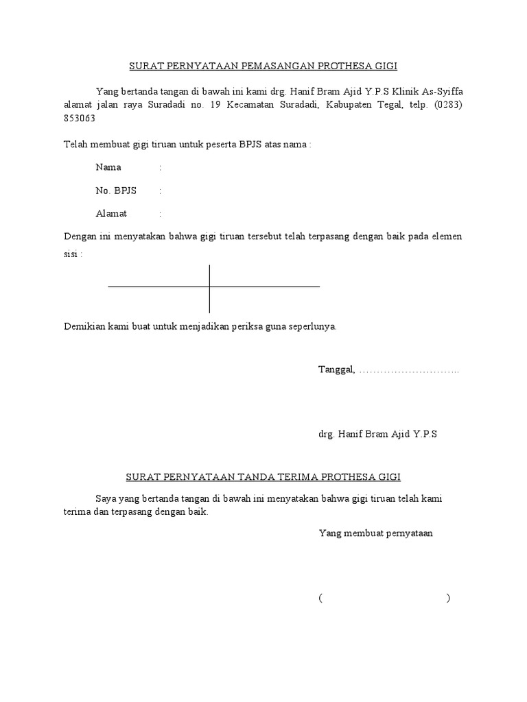 Surat Pemasangan Prothesa Gigi BPJS | PDF