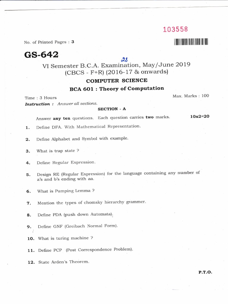 Semester B.C.A. 6-17: Examination | PDF | Theory Of Computation ...