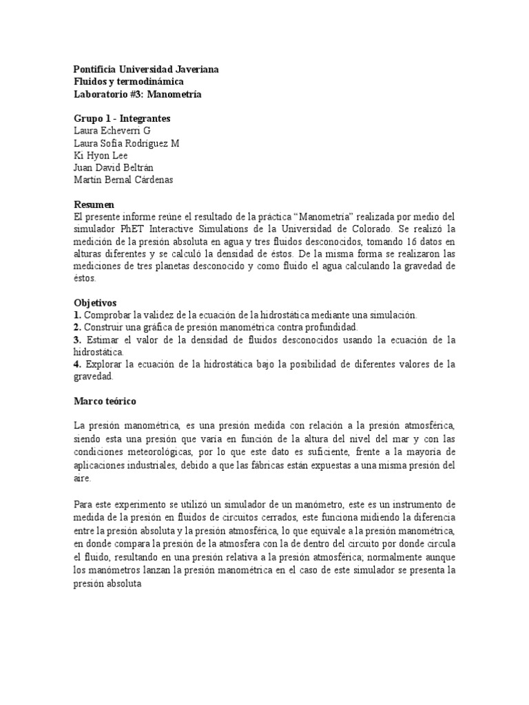 Manometría: Estudio de Fluidos y Densidades | PDF | Presión | Medida de ...