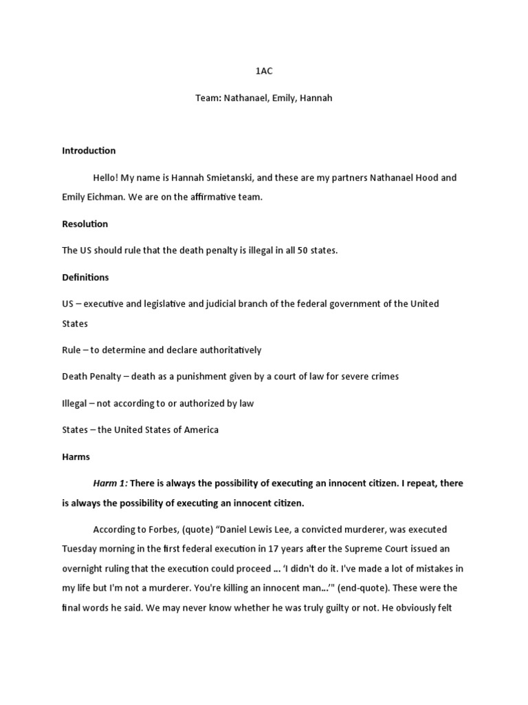 Debate 1AC - Team Policy Debate - Death Policy | PDF | Capital ...