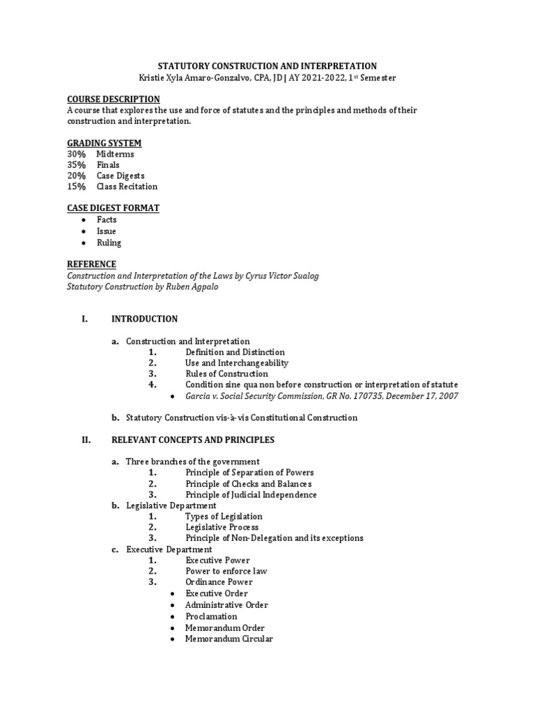 Statcon Course Outline 2122 1 | PDF | Statutory Interpretation | Ex ...