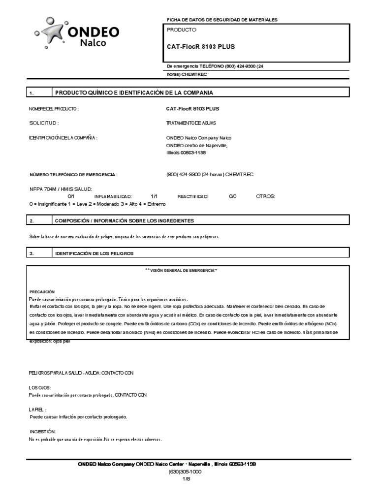CAT-FLOC 8103 PLUS CAT-FLOC 8103 PLUS. ONDEO Nalco Center Naperville ...