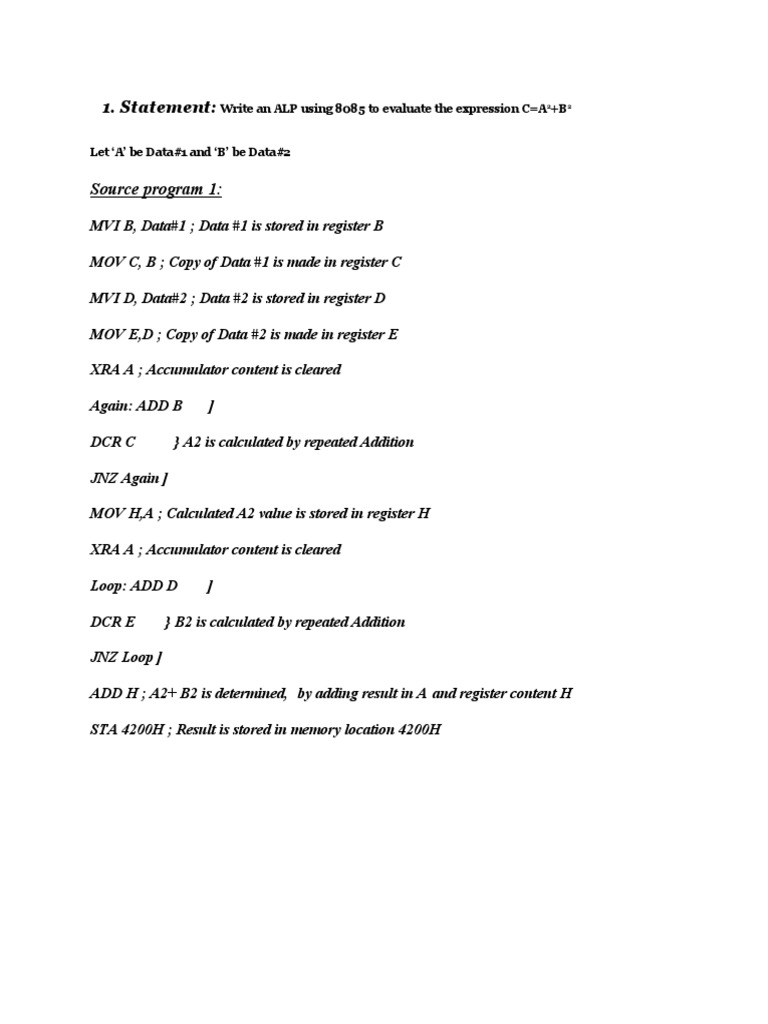 Statement:: Write An ALP Using 8085 To Evaluate The Expression C A +B | PDF | Pointer (Computer ...