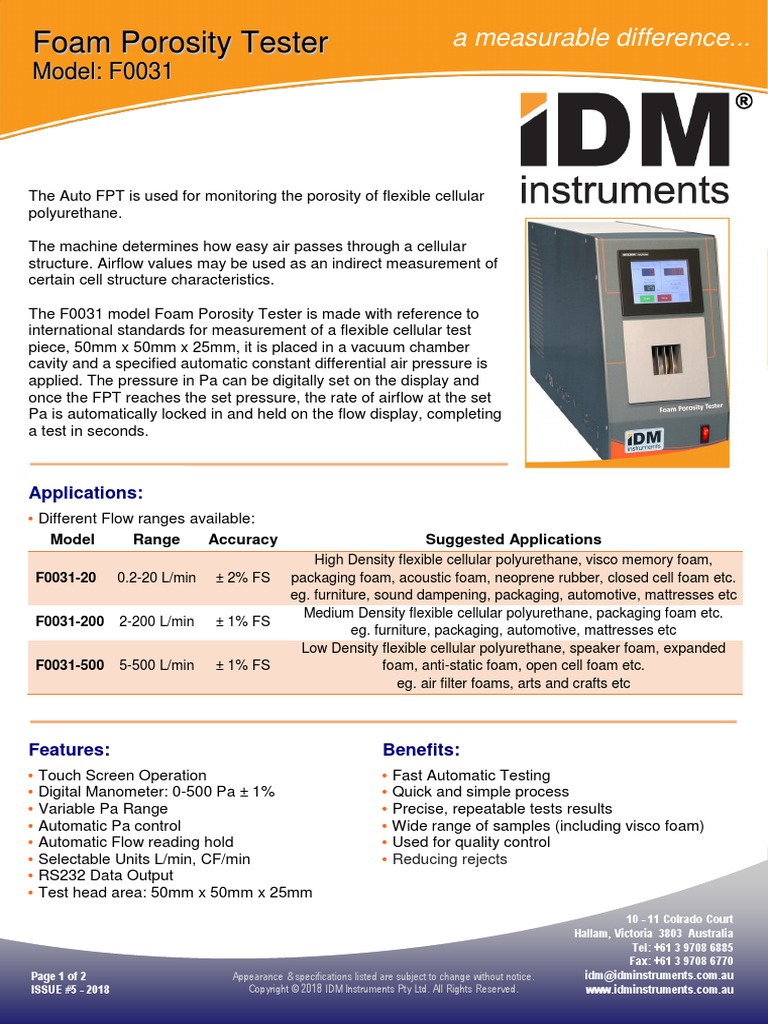 F0031 Foam Porosity Tester | PDF | Foam | Pressure Measurement