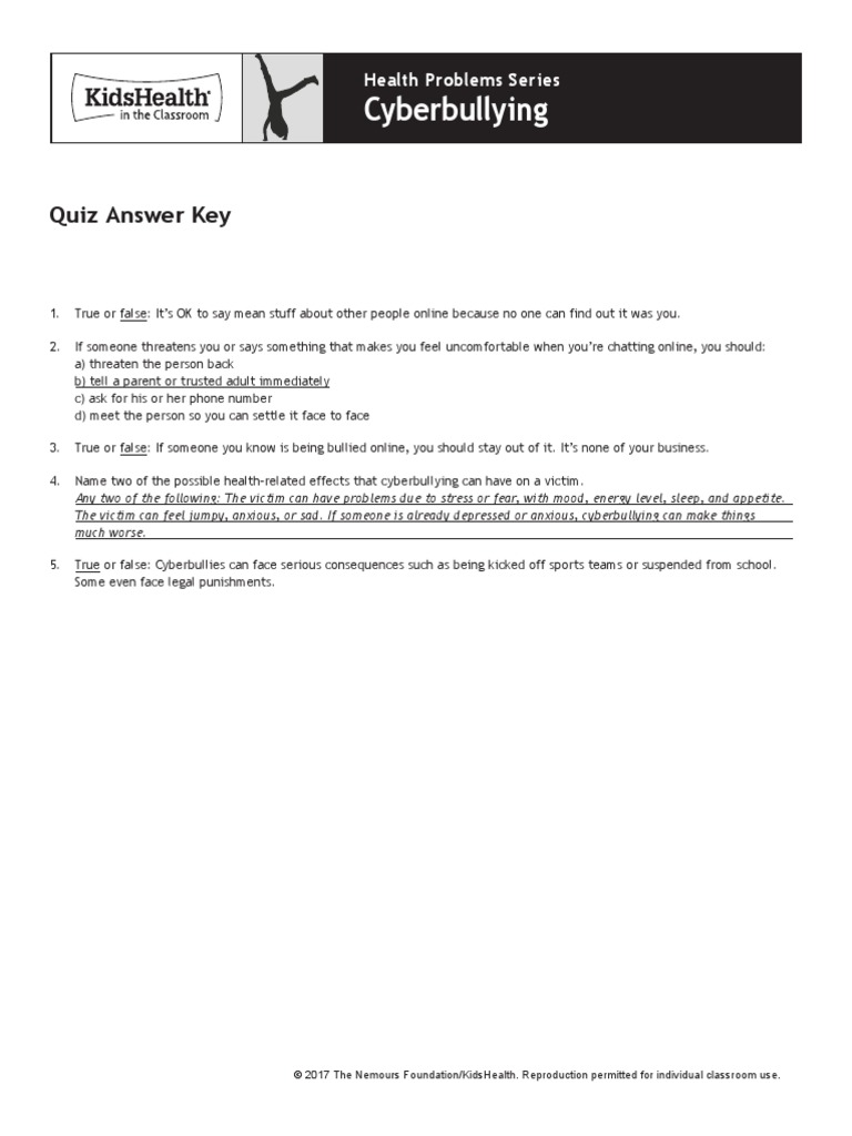 Cyberbullying Quiz Answers | PDF