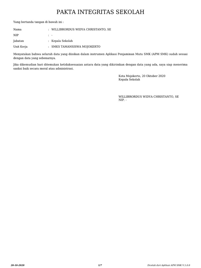 Pakta Integritas Penjaminan Mutu SMK | PDF