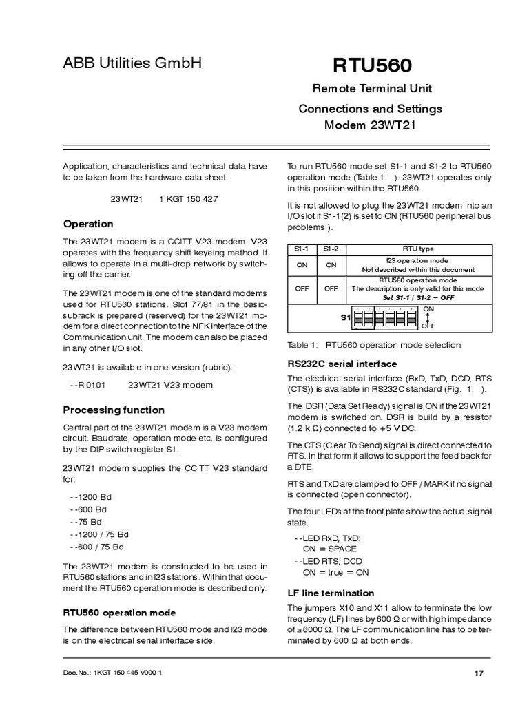 Abb Utilities GMBH: Remote Terminal Unit Connections and Settings Modem ...