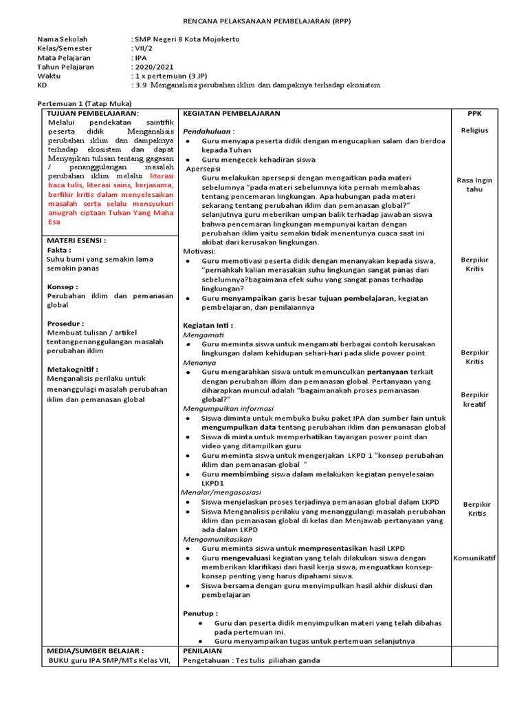 RPP Perubahan Iklim Dan Pemanasan Global | PDF | Karier & Perkembangan | Kesehatan Holistik
