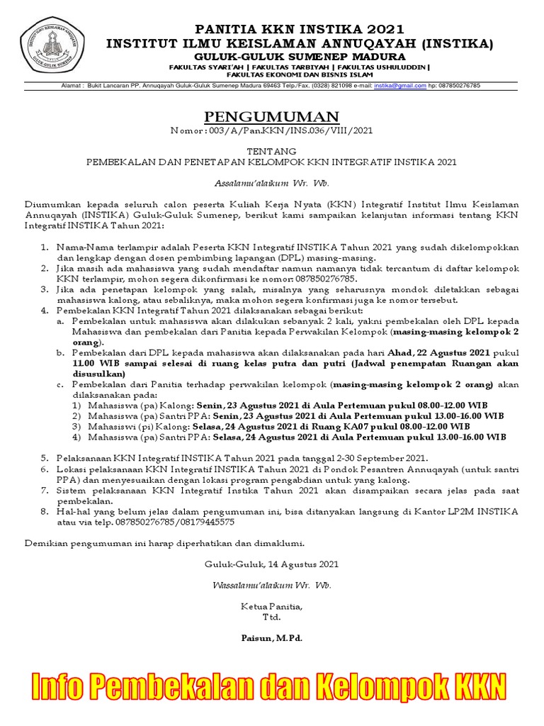 Pembekalan KKN Integratif INSTIKA 2021 | PDF