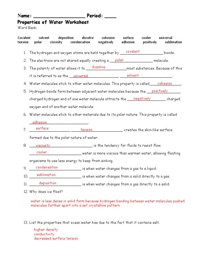 Properties of Water Worksheet | PDF | Properties Of Water | Water