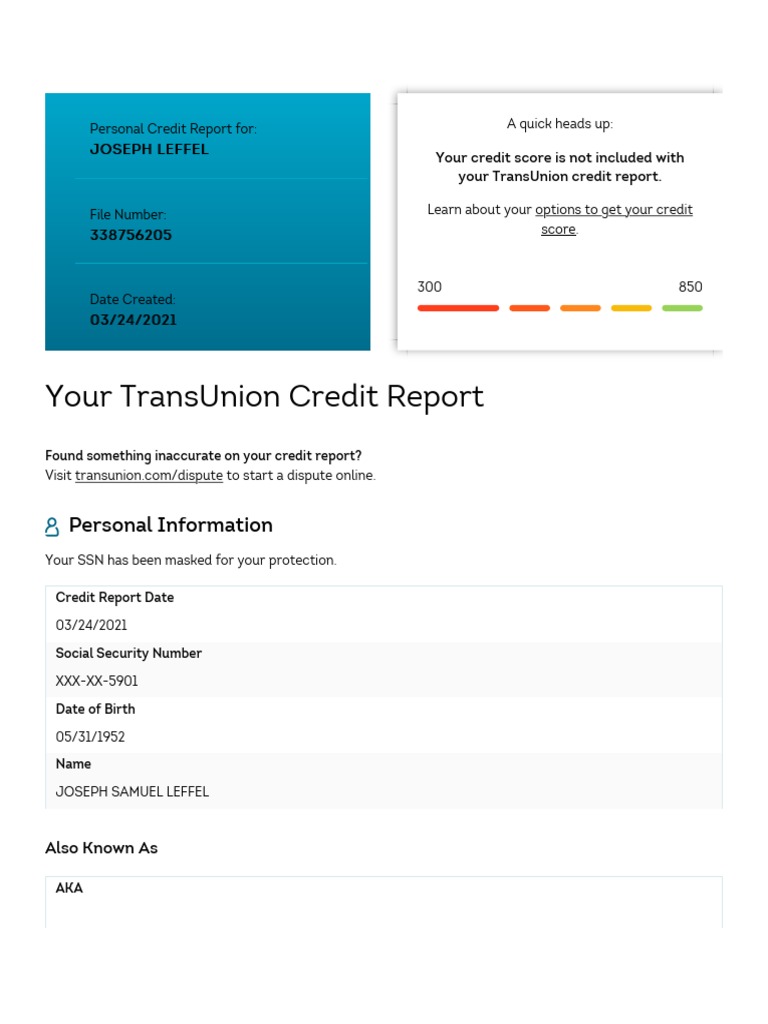 Your Transunion Credit Report: Personal Information | PDF | Finance ...