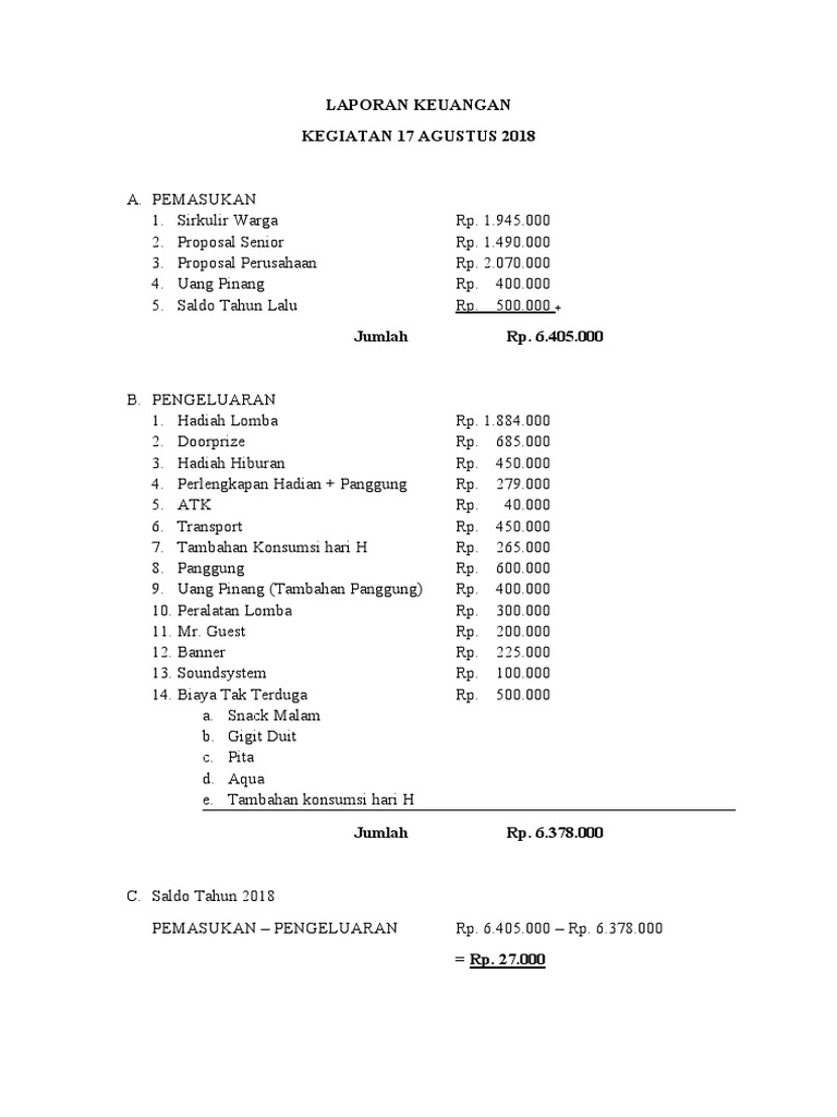 Laporan Keuangan Kegiatan 17 Agustus 2018 | PDF
