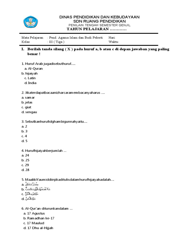 3 - Soal PTS Pendidikan Agama Islam (PAI) Kelas 3 Semester 1 | PDF | Seni & Disiplin Bahasa ...