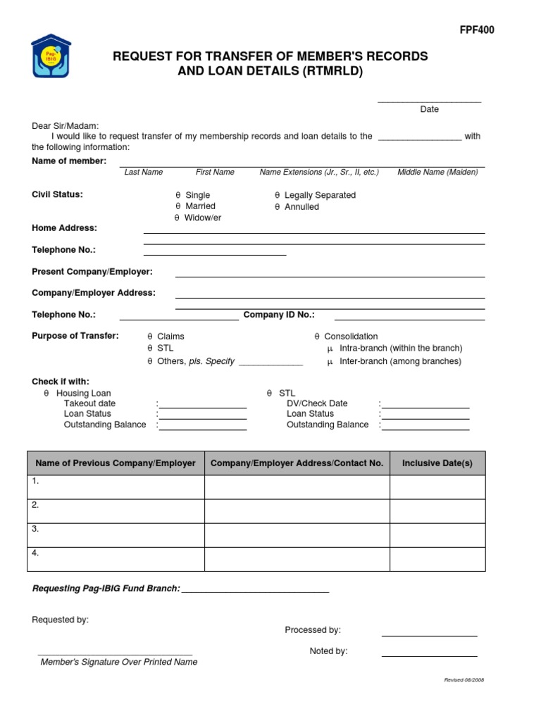 Pag-IBIG Transfer of Records Request Form | PDF
