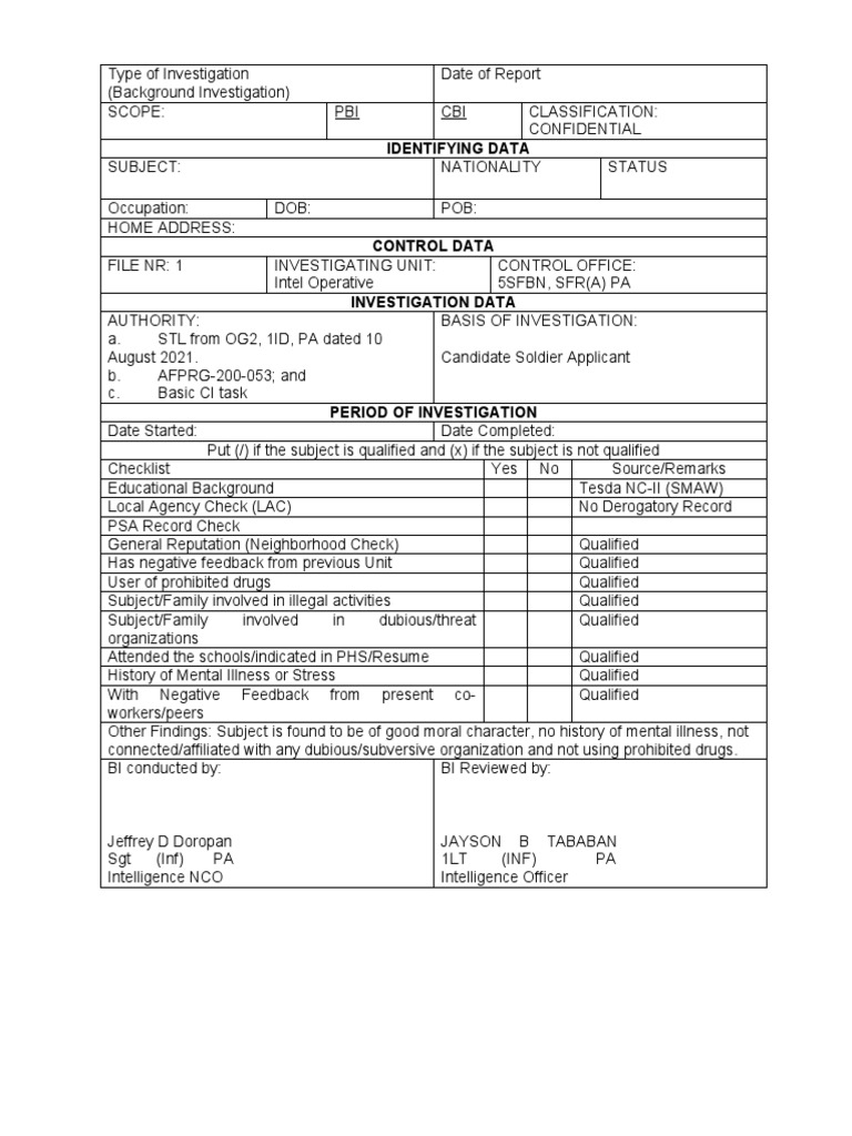Confidential Background Investigation Report | PDF