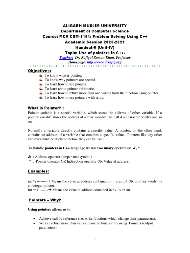 Handout 6 CSM 1101 | Download Free PDF | Pointer (Computer Programming ...