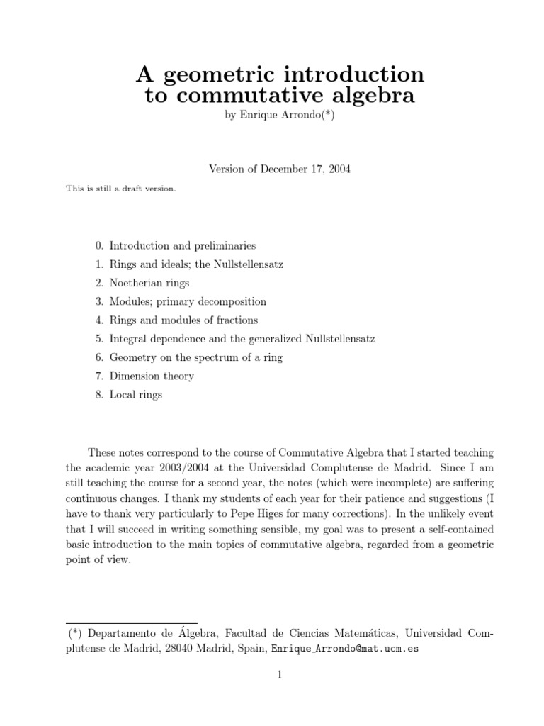 A Geometric Introduction To Commutative Algebra: This Is Still A Draft ...
