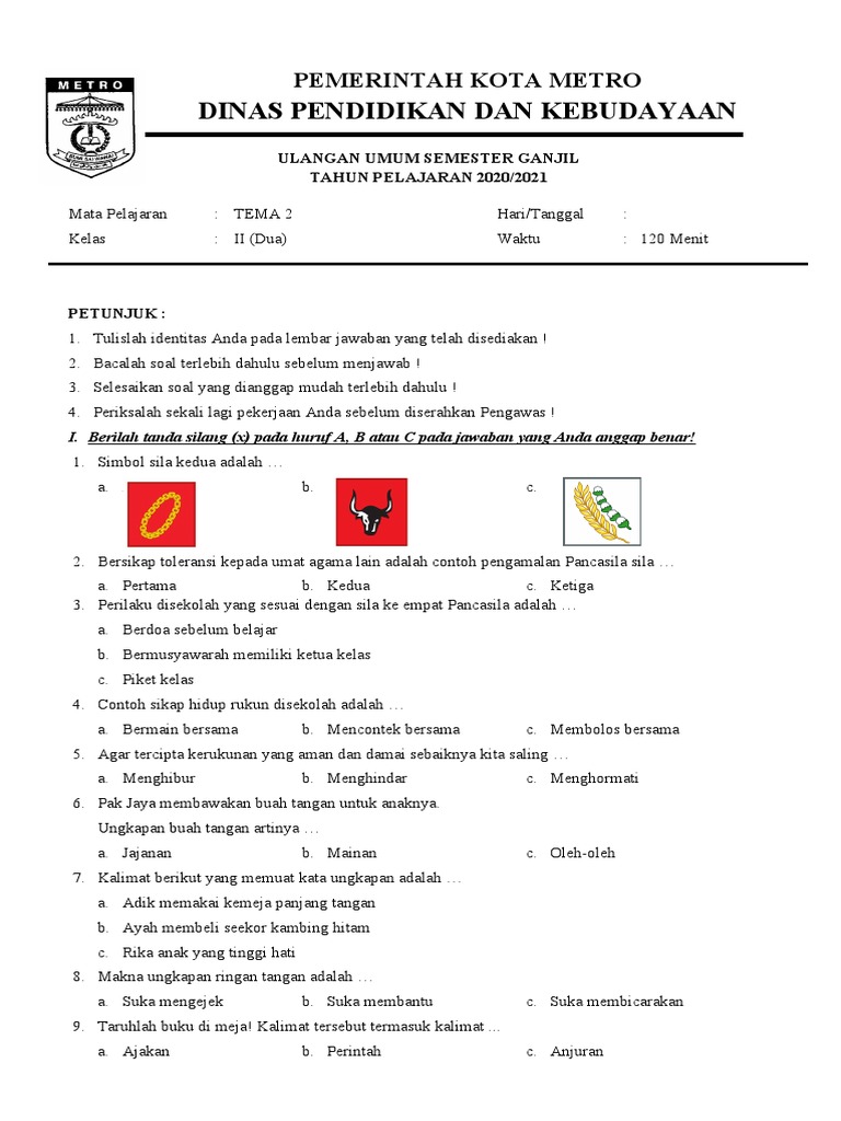 Ulangan Semester Ganjil Tema 1 | PDF