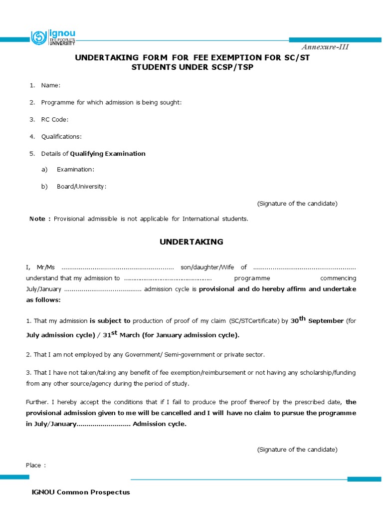 Fee Exemption Undertaking for SC/ST Students | PDF | Career & Growth ...