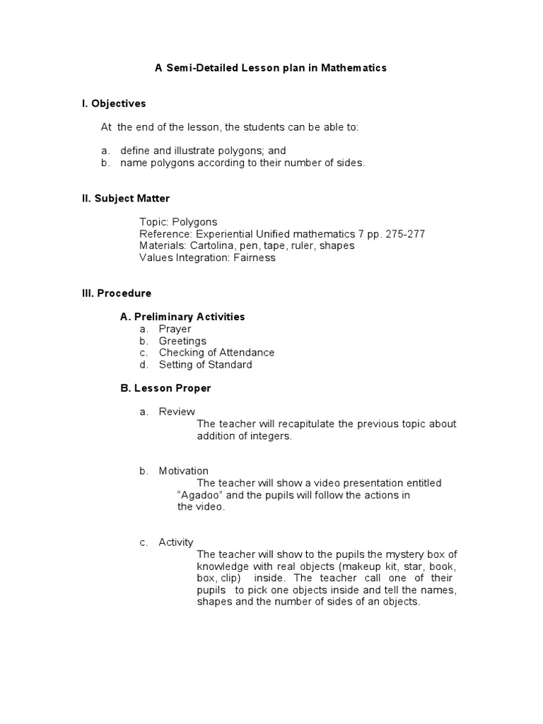 A Semi-Detailed Lesson Plan in Mathematics | PDF | Polygon | Shape