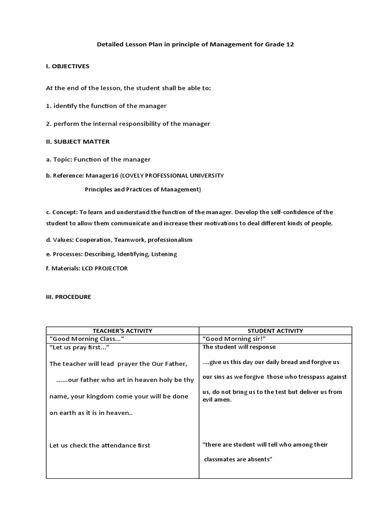 Principle of Management For Grade 12 - Detailed Lesson Plan | PDF ...