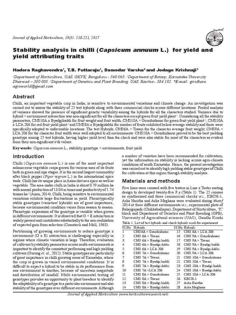 Stability Analysis in Chilli (Capsicum Annuum L.) For Yield and Yield ...