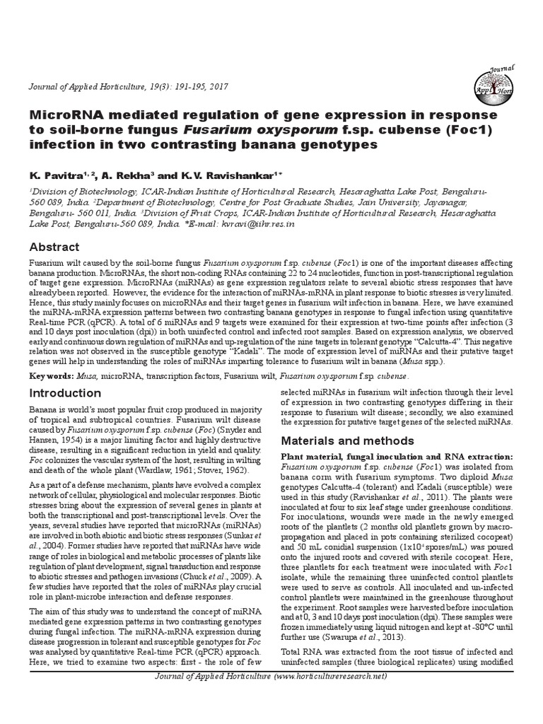 MicroRNA Mediated Regulation of Gene Expression in Response To Soil-Borne Fungus Fusarium ...