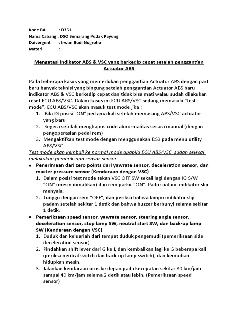 D351-Mengatasi Indikator ABS & VSC Yang Berkedip Cepat Setelah Penggantian Actuator ABS-18657 | PDF