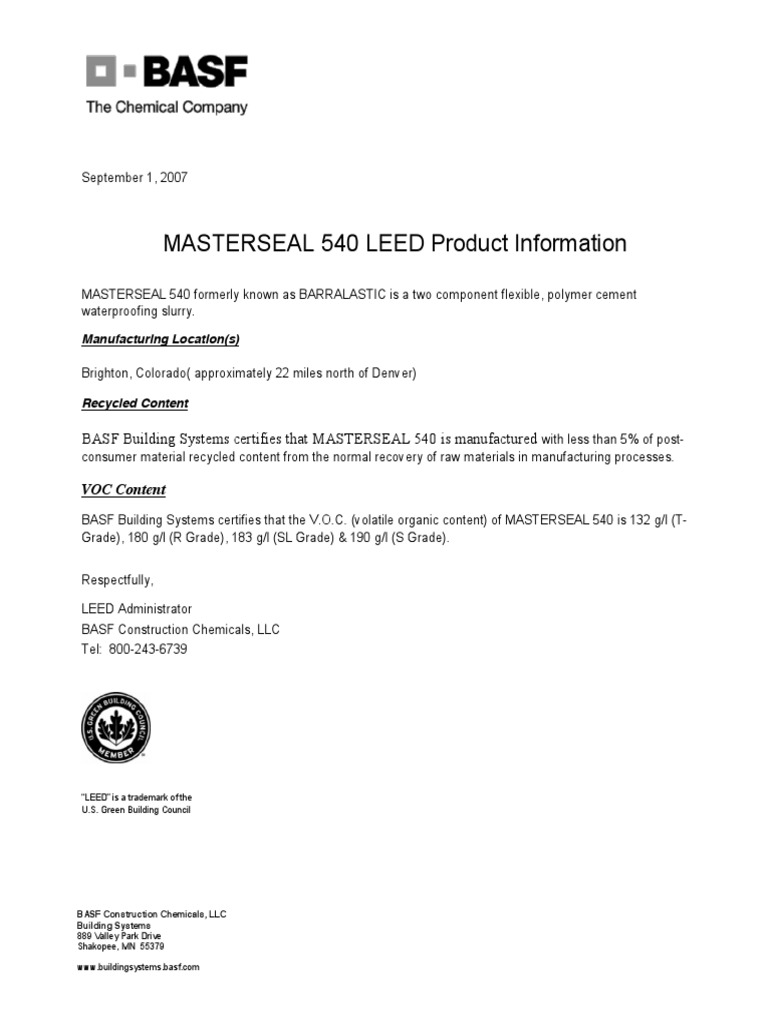 MASTERSEAL 540 LEED Product Overview | PDF