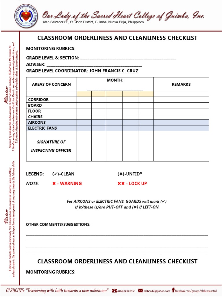 Classroom Cleanliness Monitoring Checklist | PDF