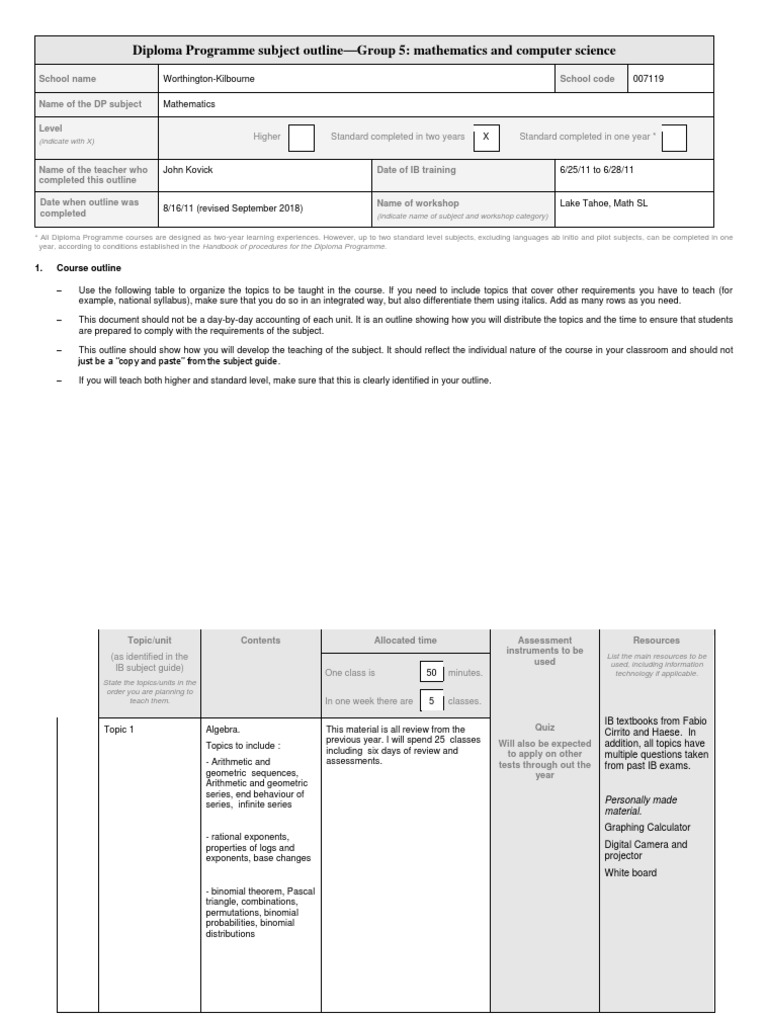 Mathematics Course Outline for Standard Level Diploma Programme | PDF ...