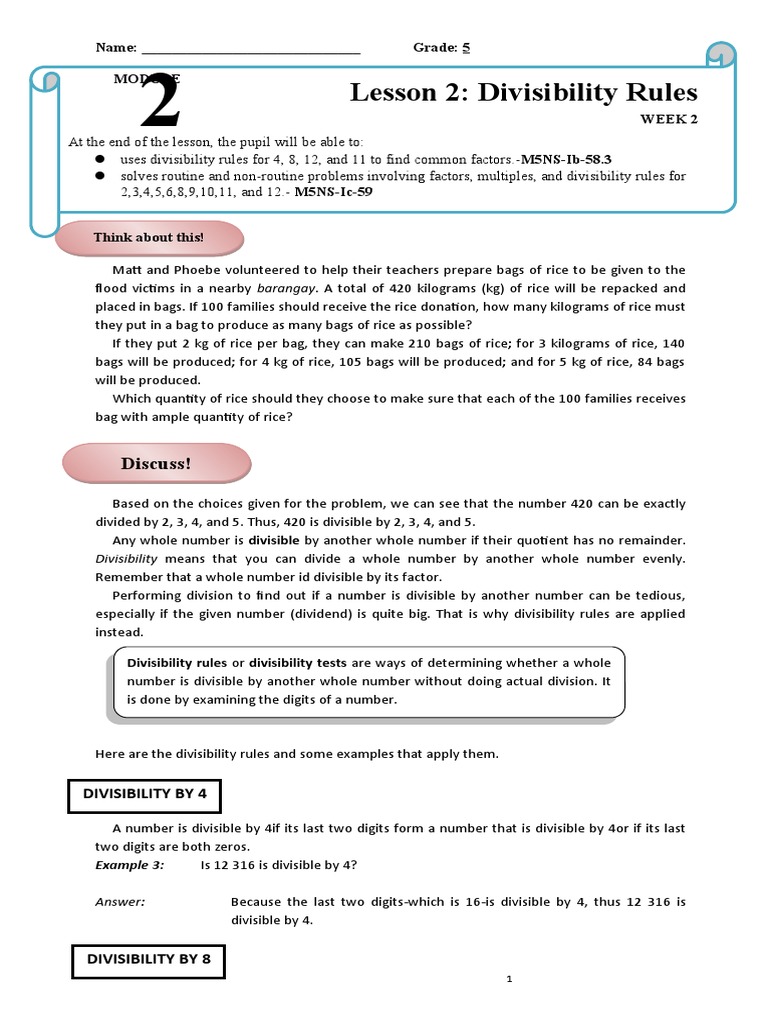 Lesson 2: Divisibility Rules: Discuss! | PDF | Elementary Mathematics ...