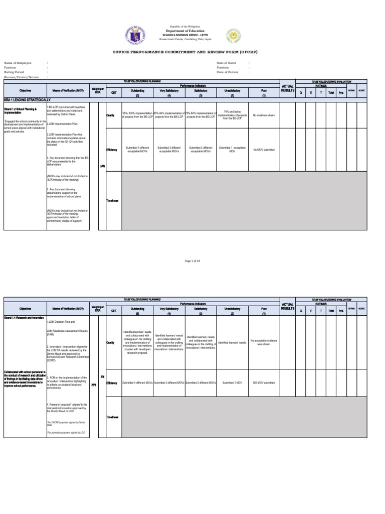 Office Performance Commitment And Review Form Opcrf Department Of