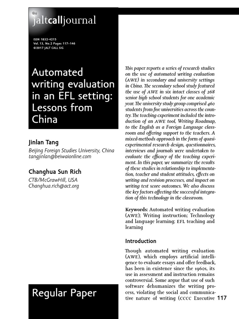 Automated Writing Evaluation in An EFL Setting: Lessons From China | PDF | Teachers | English As ...