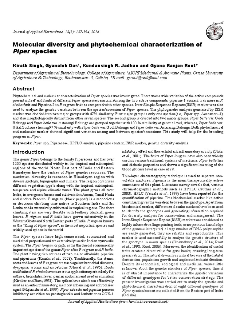 Molecular Diversity and Phytochemical Characterization of Piper Species ...
