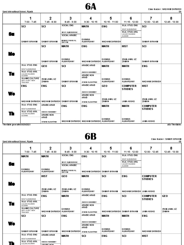 Gr. 6-12 Girls Section Timetable 2021-2022 | PDF
