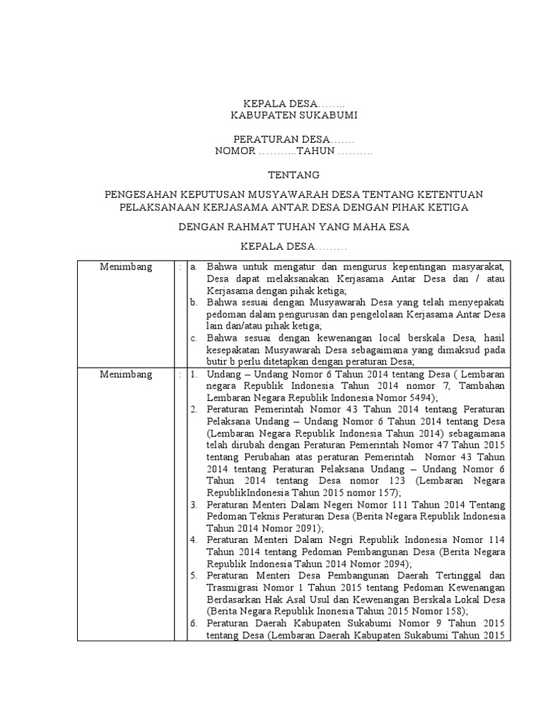 Contoh Perdes Kerjasama Desa | PDF