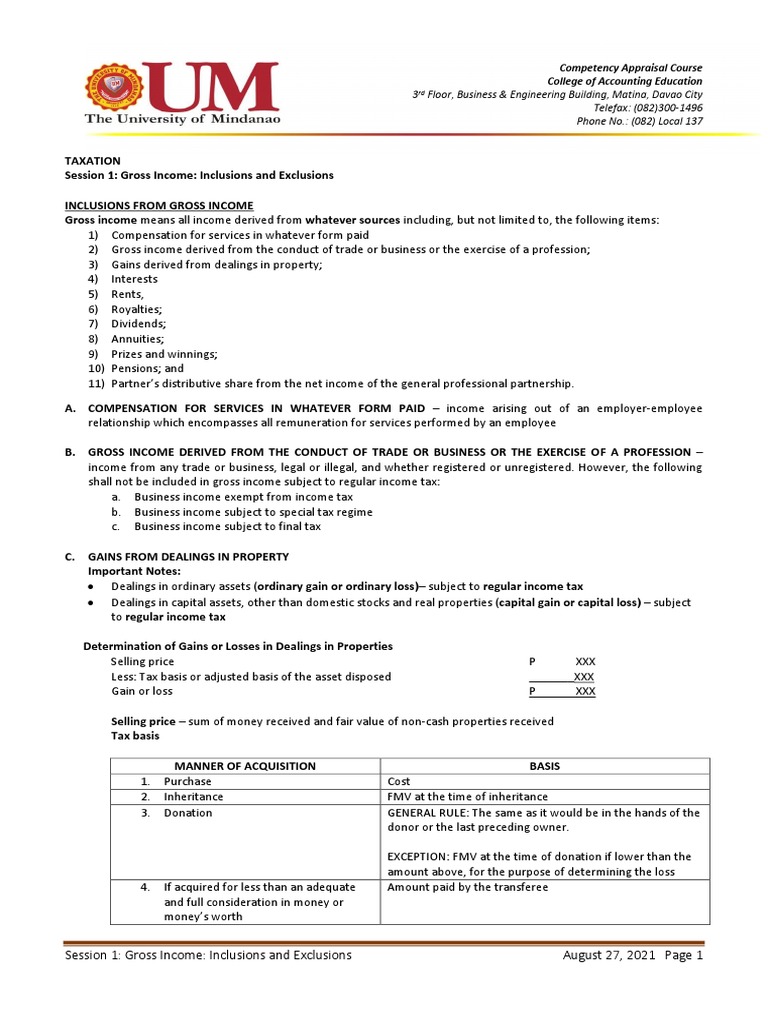 Session 1 - Gross Income - Inclusions and Exclusions | Download Free ...